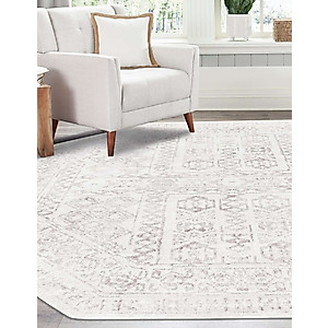 Unique Loom Oxford Collection Area Rug - Magdelan (7' 1" Octagon, Cream/ Ivory)