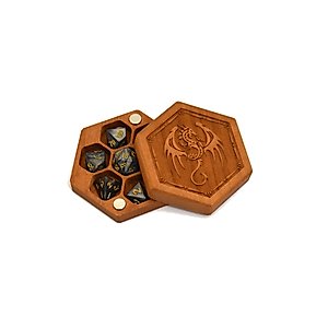 Elderwood Academy Keychain Hex Dice Wood Chest with Magnetic Lid - Perfect for DnD, Magic the Gathering Dice Counters and Any Other Tabletop Games (Mini-Cherry/Dragon)