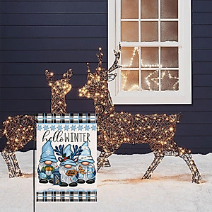 Gnome Garden Flag - Hello Winter Snowflake Garden Flags 12x18 Double Sided Christmas Yard Flag Buffalo Plaid Burlap Farmhouse Welcome Decorative Flags for Outside Outdoor Lawn Xmas Decoration