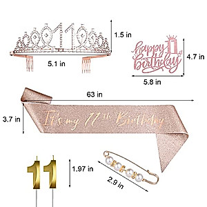 11th Birthday Decorations for Girls，Rose Gold 11 Birthday Crown Tiara ，Cake Topper, Birthday Sash with Peal Pin and Birthday Candles Kit,11th Birthday Gifts for Girls
