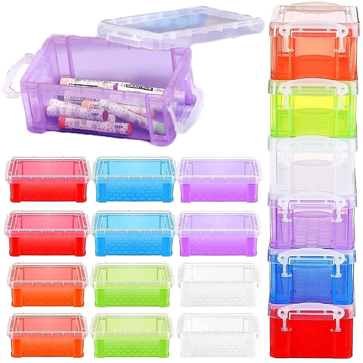 Tatuo 18 Pcs Small Plastic Crayon Box with Lid, 5.31'' x 2.95'' x 1.97'' Stackable Storage Case Mini Organizer Containers Clear Latch Storage Bins for Jewelry Beads Craft Office Fishing (Multicolor)