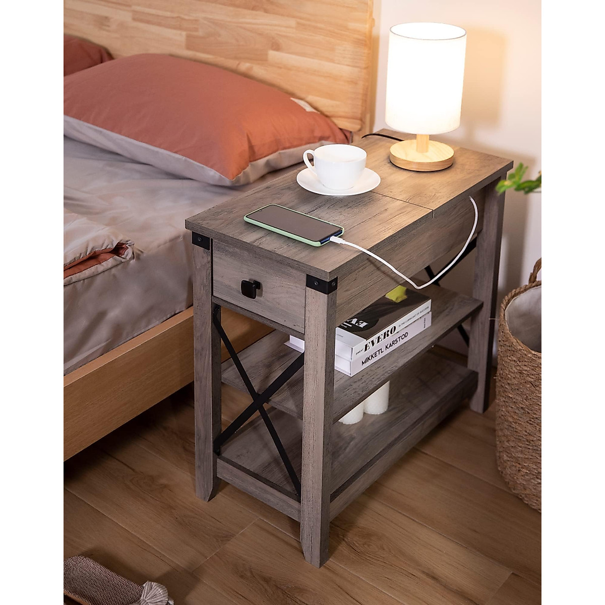 Awescuti Narrow End Table with Charging Station - Farmhouse Slim Side Table Set of 2, w/USB Ports Power Outlets, Nightstand w/Flip Top Storage Drawer, for Small Spaces Living Room Bedroom, Gray