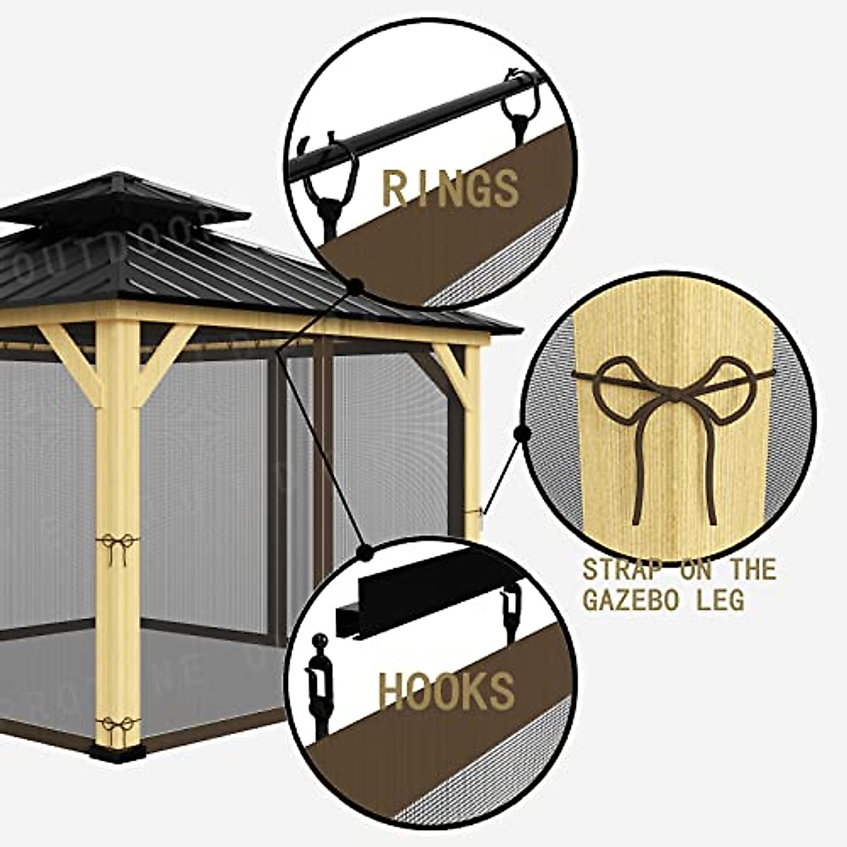 12-ft x 12-ft Gazebo Netting Replacement,Universal 4-Panel Mosquito Netting for Gazebo with Zippers(Only Netting)-Brown