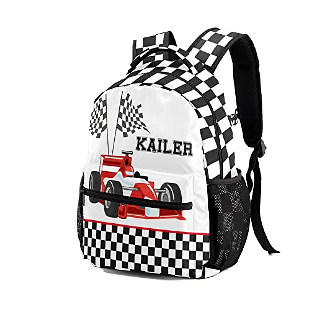 NZOOHY Race Car Checkered Personalized Kids School Backpack Custom for Boys Girls Primary Daypack School Bookbag Travel Bag