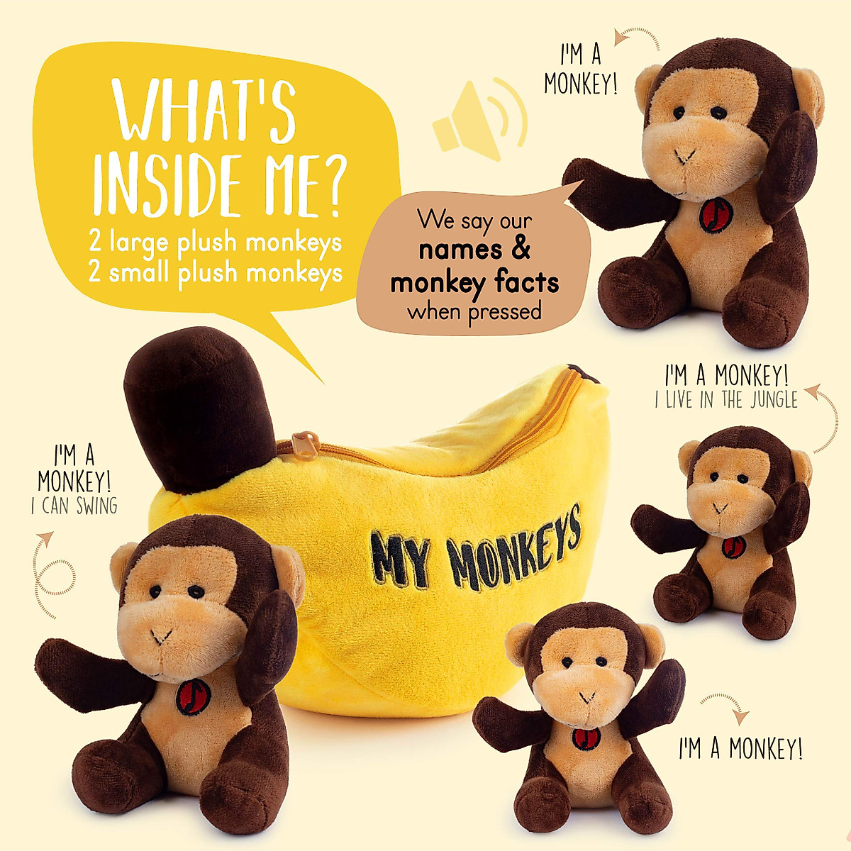 Talking Plush Monkeys Toy Set with Banana Carrier | Soft, Fluffy, and Great Gift for Babies and Toddlers