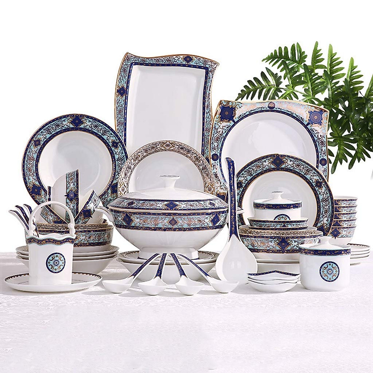 Porcelain Plate and Bowl Set, Ceramics Dinnerware Set with 55 Pieces,Bowl/Dish/Soup Pot/Spoon|Dinner Sets,Blues Garden Pattern Porcelain Combination Set