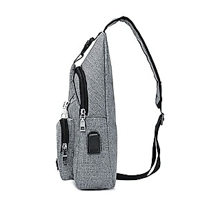 Sling Chest bag, Crossbody Chest Backpack, Sling Shoulder Bag with USB Charging Cable Port for Travel, Cycling, Camping (Grey)