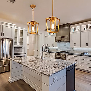 SGLfarmty 1-Light Gold Pendant Light, Farmhouse Cage Pendant Lighting Fixture for Kitchen Island, Lantern Pendant Lights Brass Finish with Glass, Modern Geometric Hanging Light for Foyer, Entryway