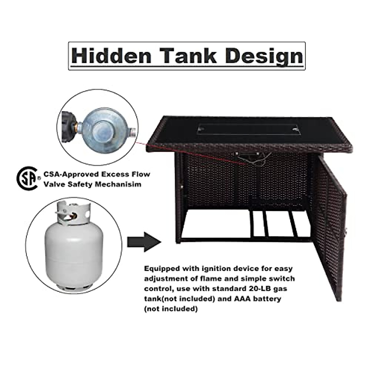 OAKVILLE FURNITURE 44 in Propane Fire Pit Table, 50000 BTU Rectangular Outdoor Gas Fire Pit, Brown Wicker Aluminum Tabletop in Tempered Fire Glass for Outside Patio Garden, Backyard