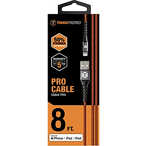 ToughTested 8 Ft. PRO Armor Weave Slim Tip USB Type A to Lightning Cable
