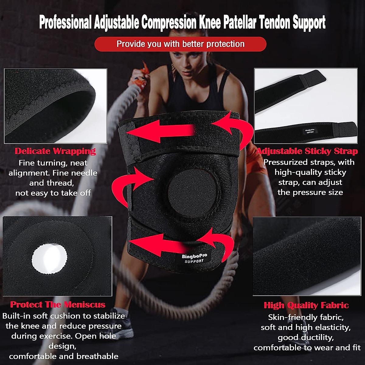 BingboPro® Adjustable Knee Brace For Knee Pain Relief, Knee Support Wrap for Women Men,Knee Compression With Open Patella Stabilizer Knee Pad For Meniscus Tear,Arthritis,ACL,Injury,Running,Working out