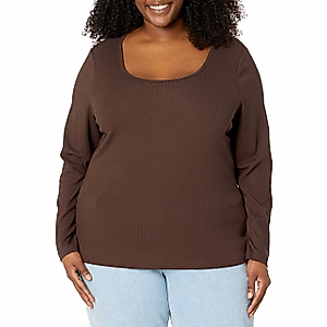 Amazon Essentials Sweater for Women, Long Sleeve Slim-Fit Rib Scoop Neck (Available in Plus Size), Pack of 2, Eggshell White/Espresso, Medium