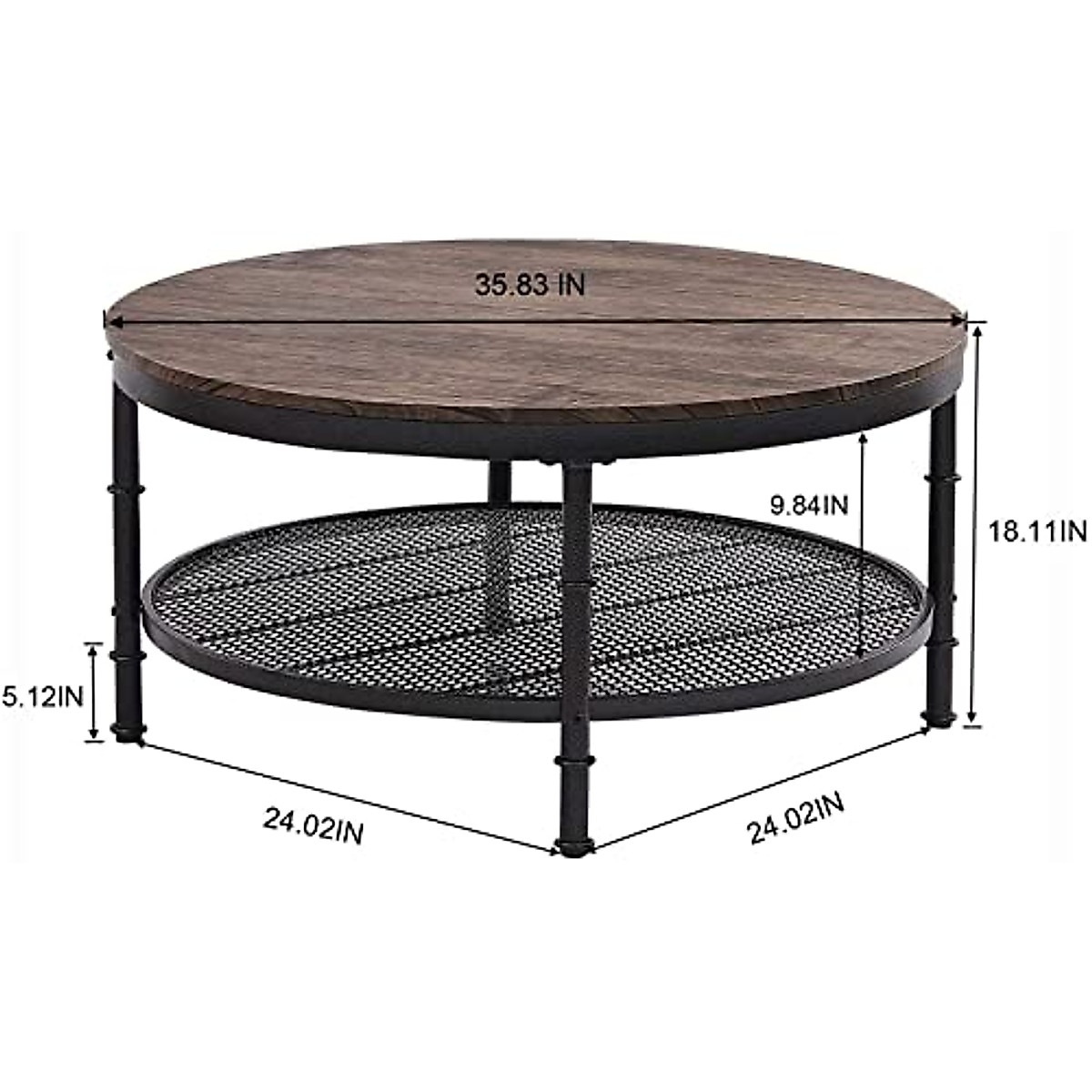 GreenForest Coffee Table Round 35.8 inch Industrial 2-Tier Sofa Table with Storage Open Shelf and Metal Legs for Living Room, Dark Walnut