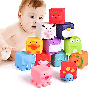 Soft Stacking Blocks for Baby, 12 PCS Soft Blocks Cube Bath Toys Squeeze Water Toys Building Blocks for Toddlers