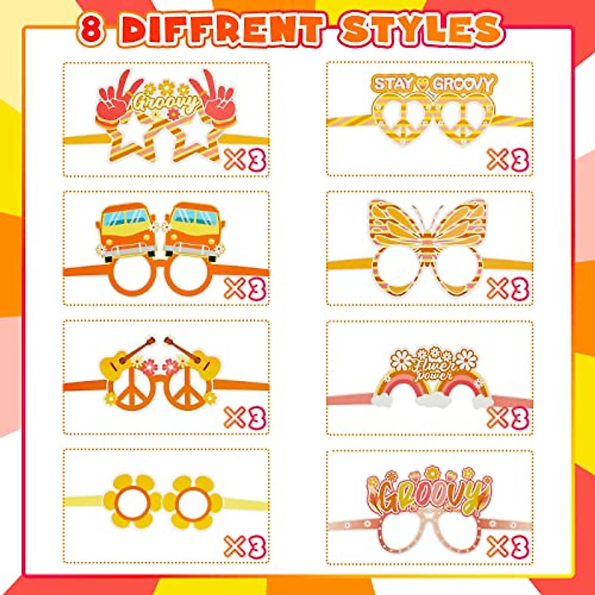Spiareal 24 Pcs Groovy Retro Hippie Boho Paper Glasses Groovy Party Decorations Groovy Hippie Glasses Funky Sunglasses Hippie Party Paper Eyeglasses for Birthday Baby Shower Retro Party Decorations