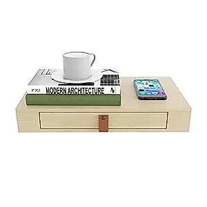 Floating Shelf with Drawer, Floating Nightstand for Bedroom - 16” Wall Mounted Shelf Storage for Living Room, Bedroom, Office Floating Bedside Table (Natural)