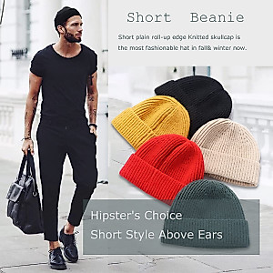 3 Pieces Short Fisherman Beanie for Men Women, Swag Wool Knit Cuff Trawler Skullcap,Winter Warm Hats