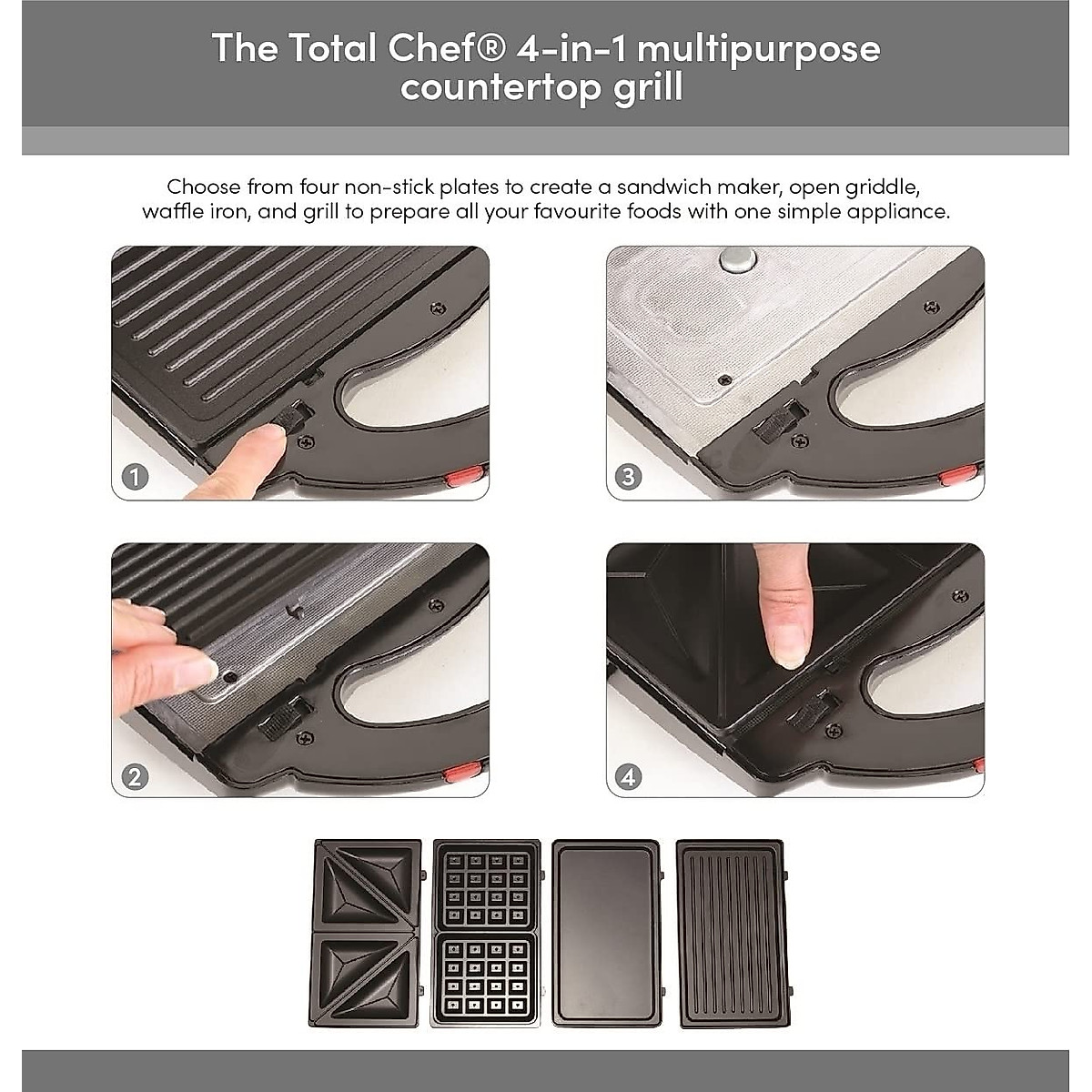 Total Chef 4-in-1 Waffle Maker, Indoor Grill, Sandwich Maker, Panini Press, Electric Griddle, Toaster, Removable Non-Stick Cast Iron Plates, Perfect for Grilled Cheese, Breakfast, Omelets