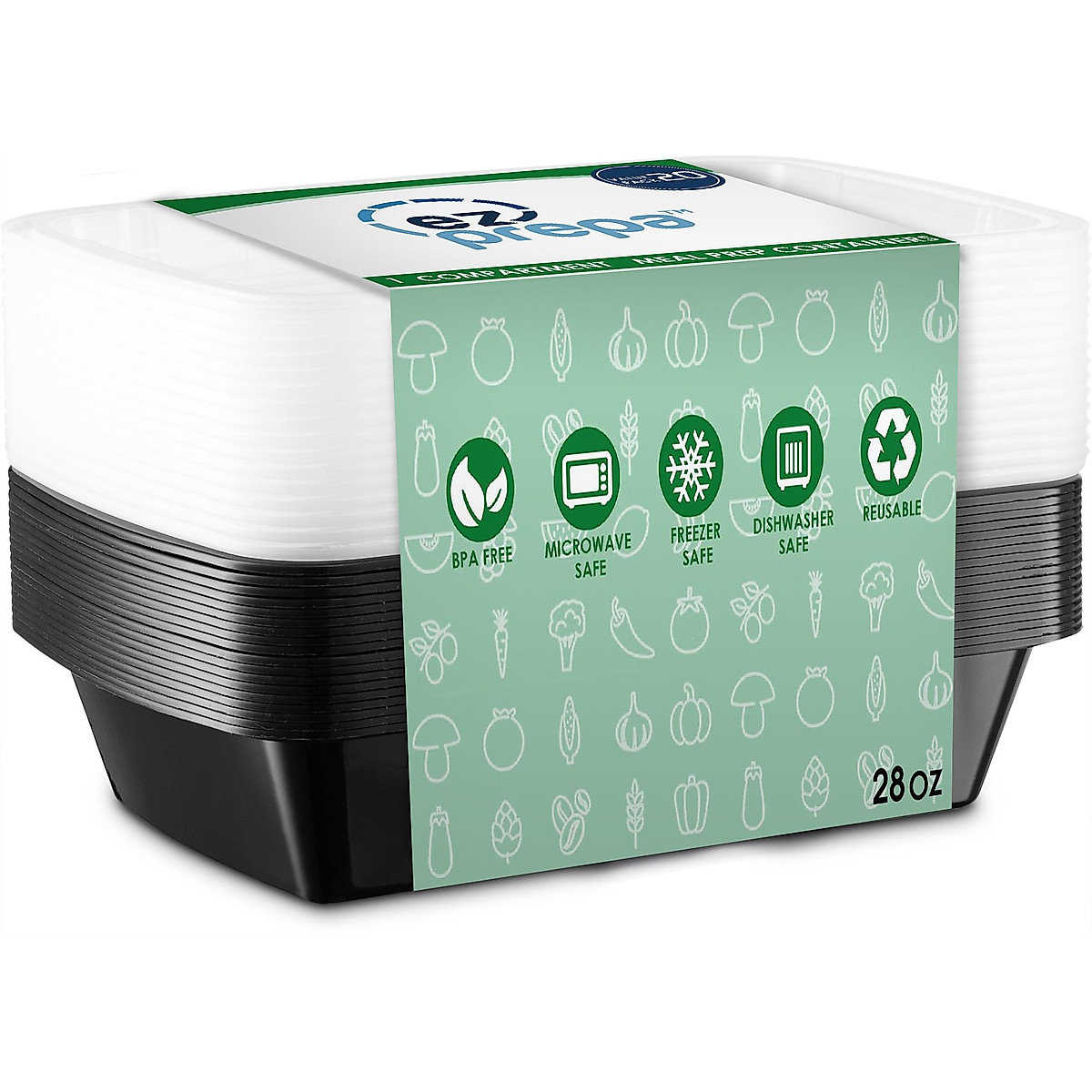 Ez Prepa [15 Pack] 28oz Single Compartment Meal Prep Containers with Lids - Food Storage Containers Bento Box, Lunch Containers, Microwavable, Freezer, and Dishwasher Safe, Food Containers