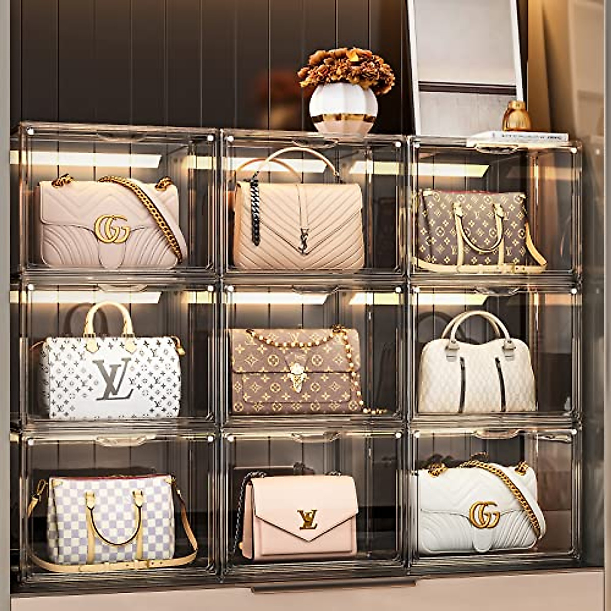 Clear Handbag Storage Organizer for Closet, 3 Packs Acrylic Display Case for Purse/Handbag, Plastic Storage Containers with Magnetic Door, Acrylic Box Organizers for Collectibles, Toys, Figures