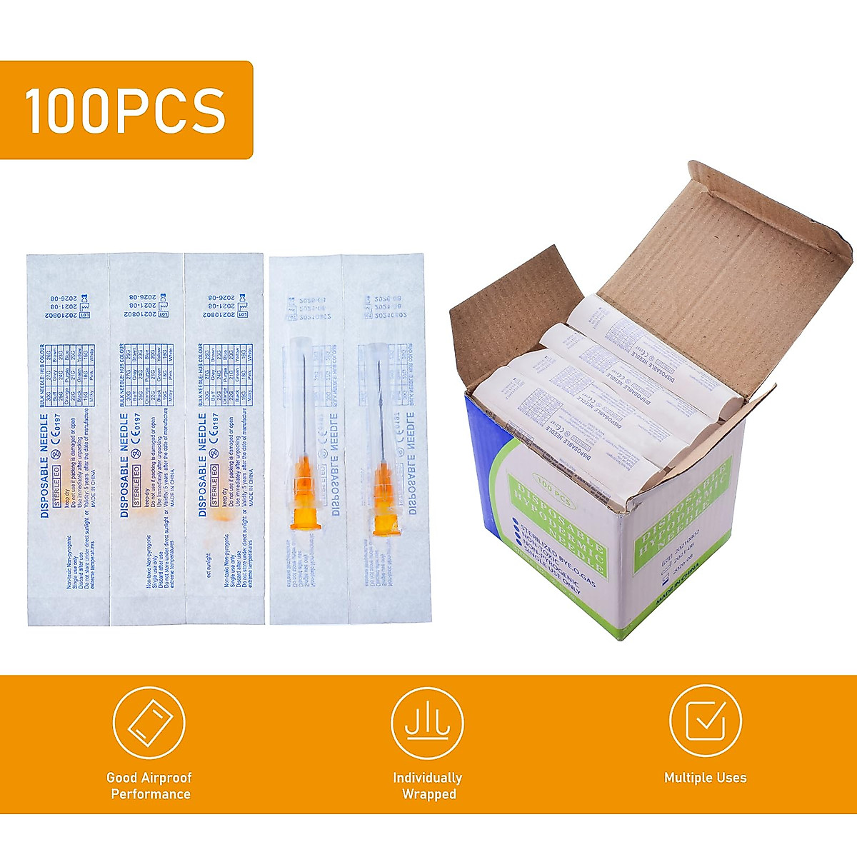 100Pack 25 Gauge 1/2 Inch Lab Needles, Disposable Luer Lock Supplies