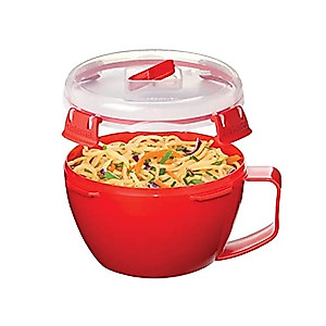 Sistema Microwave Bowl for Noddles, Pasta, and Soup with Lid and Handle, Dishwasher Safe, 31.7-Ounce, Red
