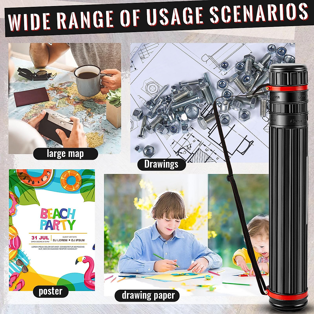 Noveread 4 Pcs Large Extendable Poster Tubes with Strap 30'' to 49'' Telescoping A0 Poster Tube Expandable Blueprint Tube Portable Container for Posters Blueprints Artwork Map Storage(Classic Style)