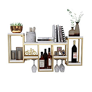 Wall Hanging Wine Rack Metal Bottle Holder Storage Wall Mounted |Wine Glass Goblet Stemware Holder| Nordic Gold and White Wood Wall Shelves for Bar Kitchen or Hone Wall Decor