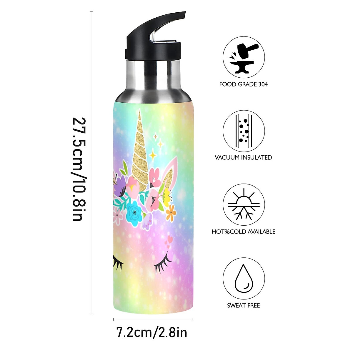 Unicorn Insulated Water Bottles Kids Rainbow Thermos with Straw Lid & Handle Reusable Vacuum Stainless Steel 20 oz