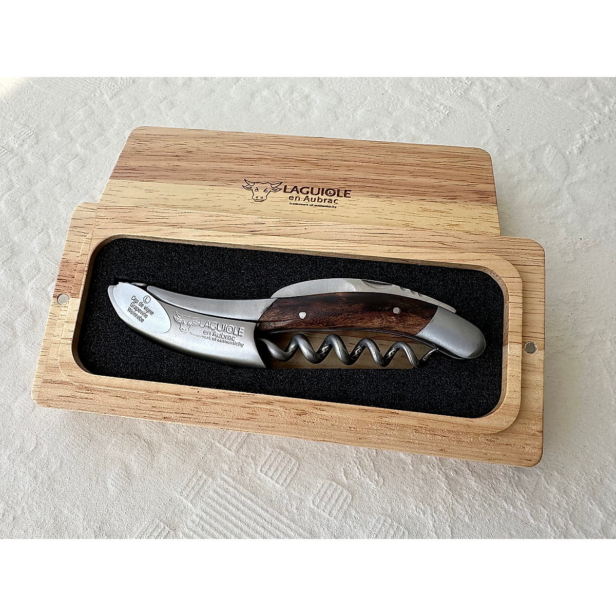 Laguiole En Aubrac Sommelier Waiter's Corkscrew, Grapevine Wood Handle, Wine Opener With Foil Cutter & Bottle Opener, Stainless Steel Brushed Bolsters