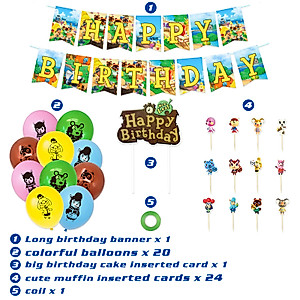 Birthday Party Supplies 46PCS Video Forest Game Theme Party Decorations Including 20PCS Latex Balloons, 1PC Happy Birthday Banner, 24PCS Cupcake Toppers for Children