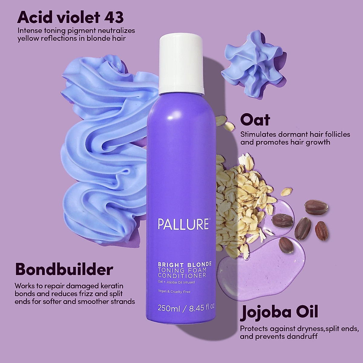 Pallure Bright Blonde Hair Toning Foam Conditioner, Reduces Brassiness And Yellow Tones – For Blonde, Silver, Ash Hair, Vegan and Cruelty Free, 250 ml