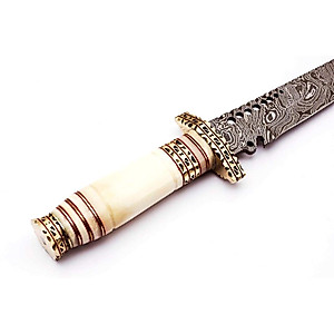 Handmade Damascus Steel Knife - Damascus Steel 14” Inches Knife - Hunting Knife - Camel Bone Brass Spicer Handle – Outdoor Camping Survival Knife - Beautiful Knife - Camel Bone Brass