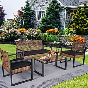 VOTSMOKK 4 Pieces Patio Furniture Set, Outdoor Garden Patio Conversation Sets with Coffee Table, for Backyard, Lawn, Balcony, Outside Patio Table and Chairs Set with Soft Cushions, Black and Brown