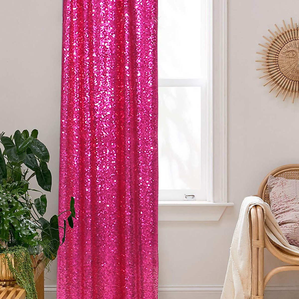 PartyDelight Hot Pink 2FT X 8FT Sparkly Sequin Backdrop Curtains, 2 Panels, for Wedding, Party, Room Decorations.