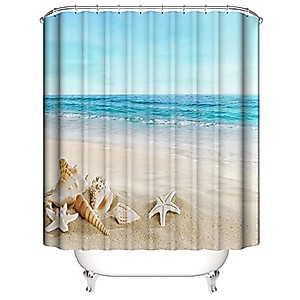 4Pcs Summer Beach Shower Curtain Sets Sea Ocean Bathroom Set Decor with Non-Slip Rugs Bath U-Shaped Mat Toilet Lid Cover Waterproof Starfish Shell Bathroom Curtain Shower Set with 12 Hooks, 70.8×70.8