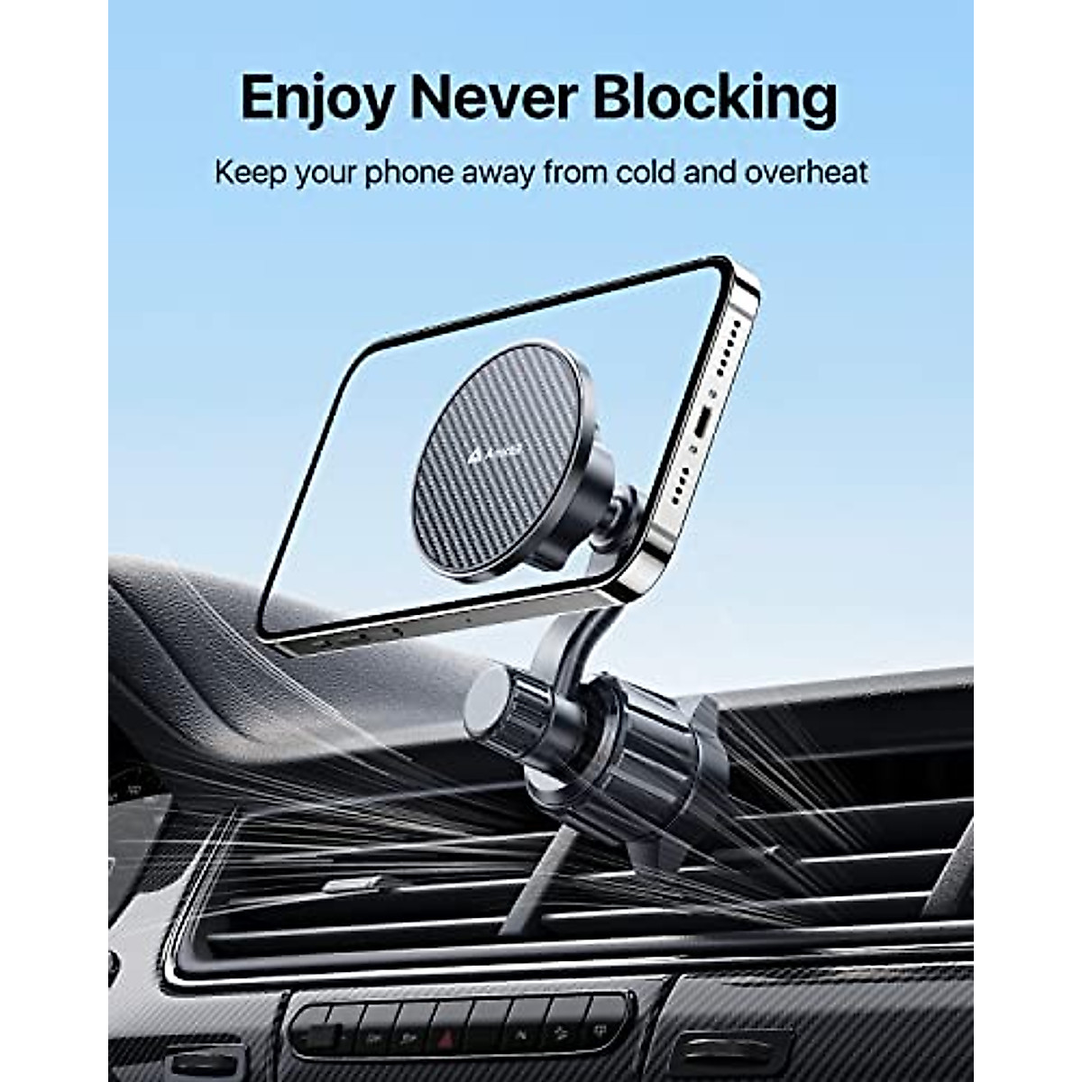 andobil Car Mount for iPhone, [Never Block A/C, 360° Rotate-Freely] Strong Magnetic Cell Phone Holder for Car Vent Easily Install, Compatible w MagSafe Car Mount Fits for iPhone 14 13 12 Pro Max & All