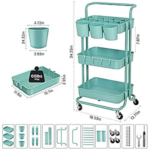 E&D FURNITURE 3 Tier Rolling Storage Cart with Wheels, Utility Art Craft Supply Cart Organizer on Wheels, Multipurpose Adjustable Makeup Cart Hair Salon Trolley with Handle & Hanging Cups Blue
