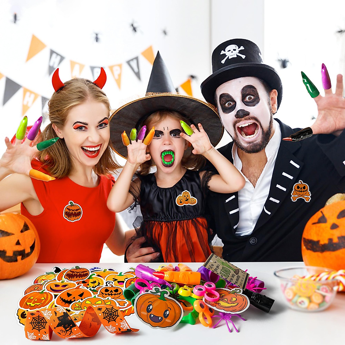 ANGOLIO 169Pcs Halloween Party Favors for Kids, Trick or Treat Toys Giveaways Eye Ring Witch Gloves Vampire Dentures Decorated Goodie Bag Stuffers Halloween Parade