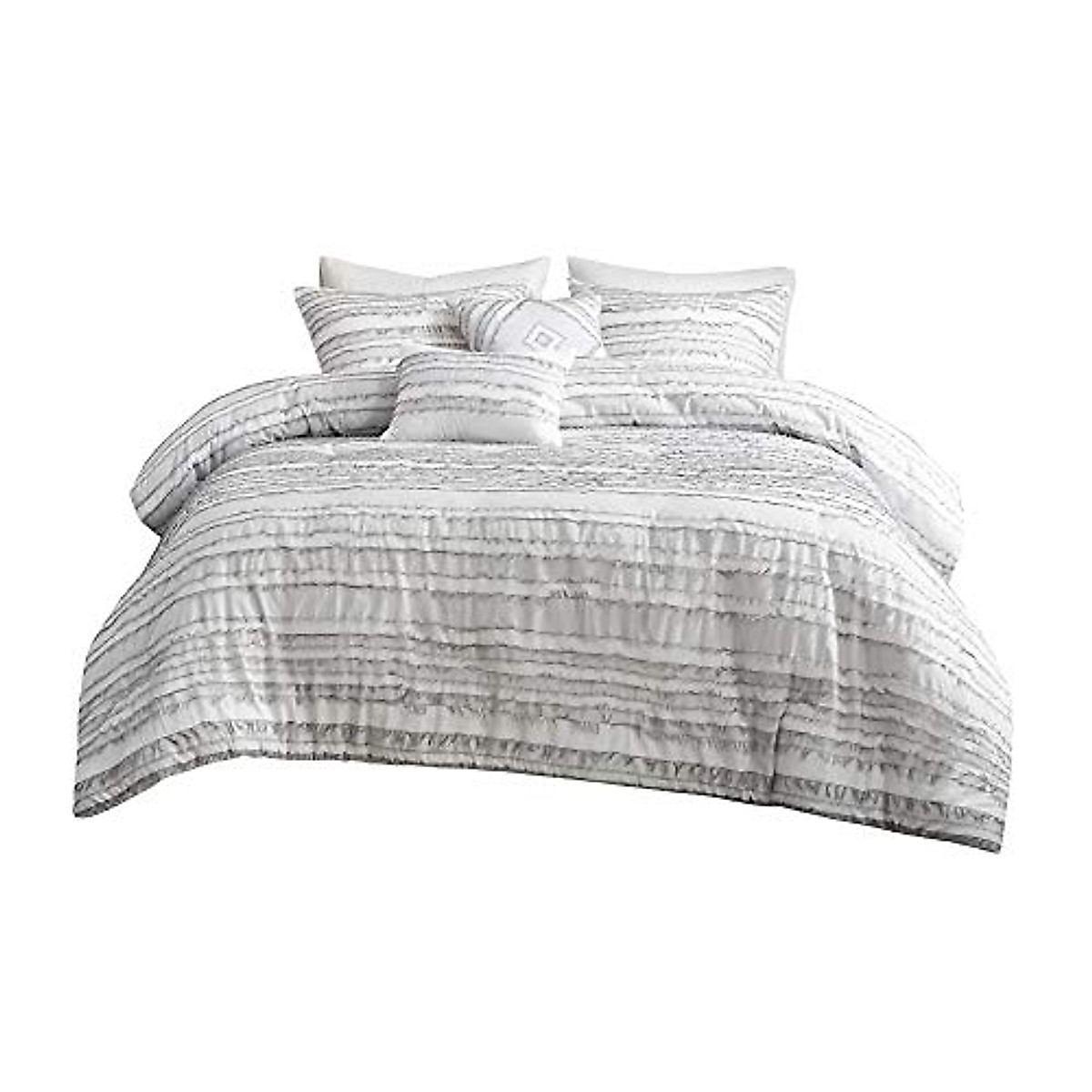 Urban Habitat Avery 100% Cotton Clipped Jacquard Duvet Casual Stripe Design, All Season Comforter Cover Modern Bedding Set with Matching Sham, Decorative Pillow, Full/Queen, Grey 5 Piece