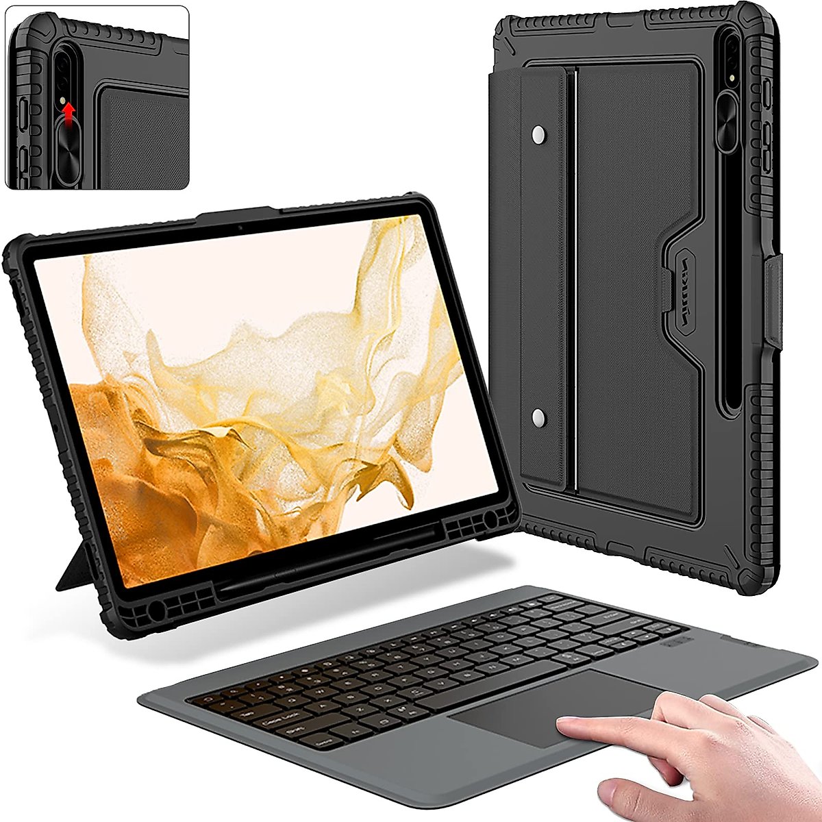Nillkin Galaxy Tab S7 FE Keyboard Case 12.4 inch with Multi-Touch Trackpad and Camera Cover Compatible with Galaxy Tab S8 +/S7 +, Detachable Folio Keyboard Cover with S Pen Holder