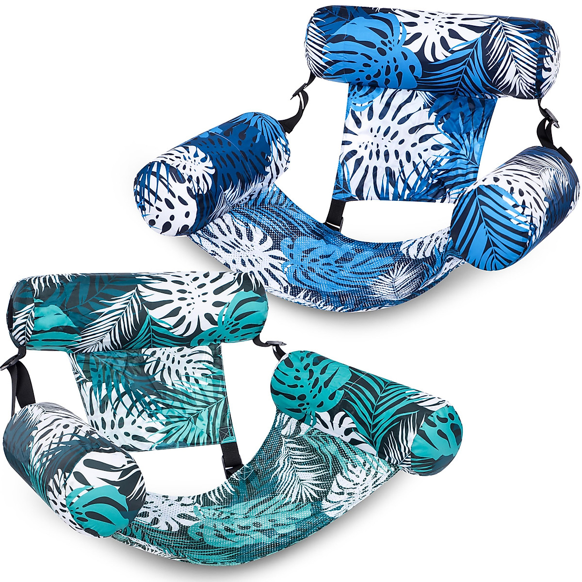 Sloosh Pool Floats Adult, 2 Packs Inflatable Pool Lounge Chairs,Blow up Hammock Pool Noodles Floats for Adults,Floating Water Chair for Pool Party Lake River Water Fun(Tropical Leaves-Green,Blue)