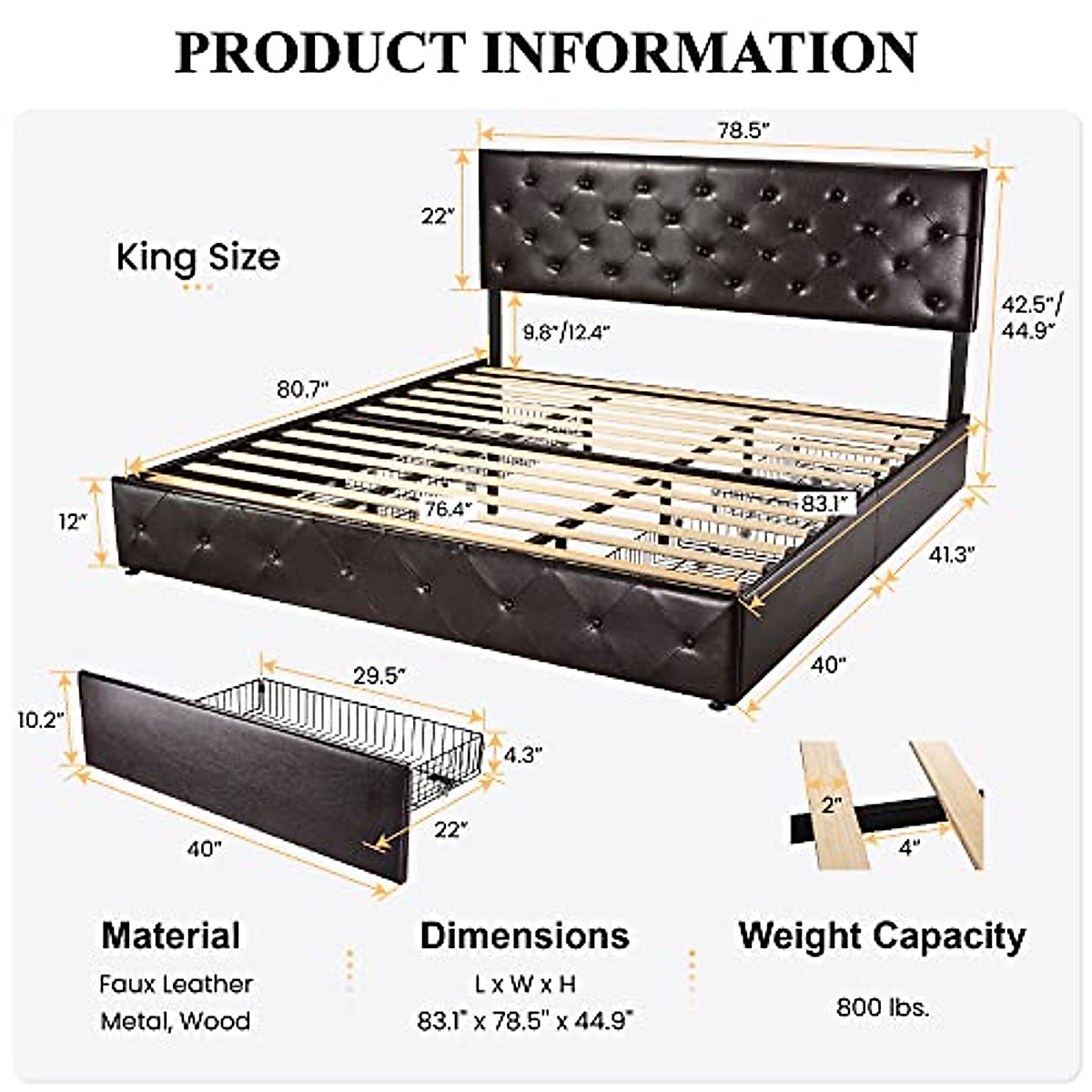 SHA CERLIN Upholstered King Platform Storage Bed Frame with 4 Drawers, Adjustable Headboard with Faux Leather Diamond Button Tufted Design, Wooden Slat Support, No Box Spring Needed, Black Brown