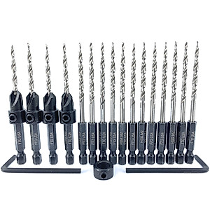 FTG USA Countersink Drill Bit Set 4 Piece Same Size #6 (9/64") Countersink Drill Bit with 12 Replacement Tapered Countersink Bits #6 (9/64") 1 Depth Stop Collar, 2 Hex Wrench