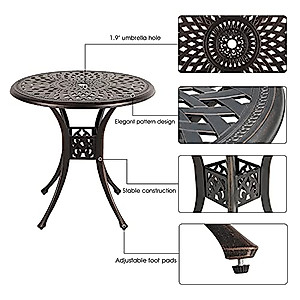 COBANA Patio Bistro Table, 31’’ Round Cast Aluminum Outdoor Dining Retro Side Table with 2’’ Umbrella Hole, Bronze
