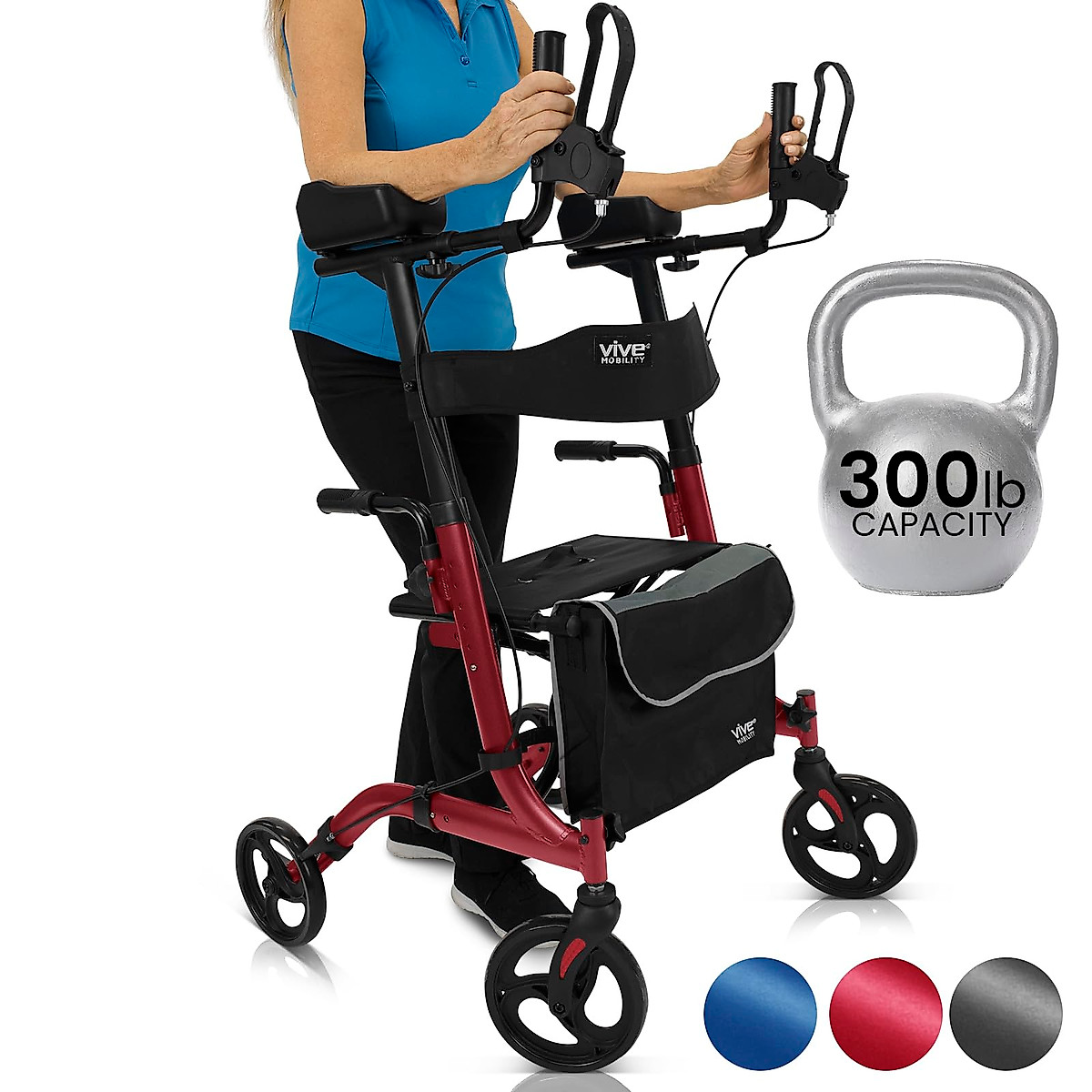 Vive Mobility Upright Walker with Seat - Stand Up Rollator, Arm Rests, Heavy Duty, Folding Medical Aid Scooter for Elderly, Seniors - Walking Assist, Foldable Transport Chair - 300 lb Capacity