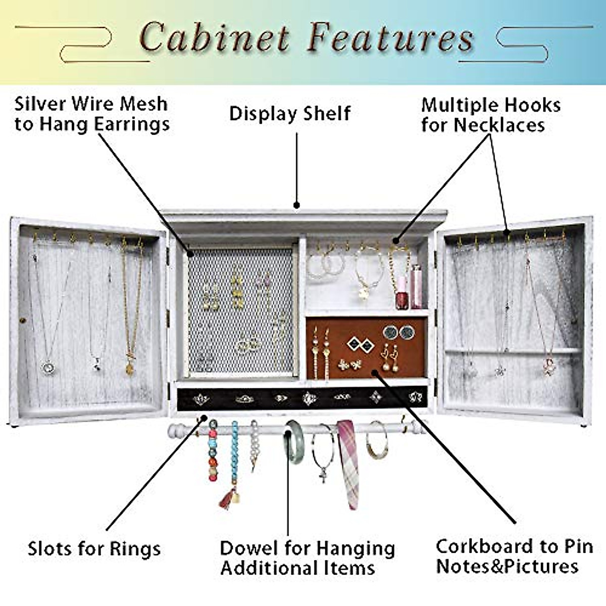 GLANT Rustic Wall Mounted Jewelry Organizer with Wooden Barndoor Decor,Wooden Wall Mount Holder,Jewelry holder for Necklaces, Earings, Bracelets, Ring Holder (milky)