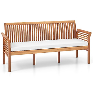 Tangkula Patio 3-Seat Wood Bench, 62.5 Inches Long Acacia Bench with Soft Seat Cushions, Ergonomic Backrest & Armrests, Outdoor Bench Seat for Balcony, Porch, Garden (Off White)