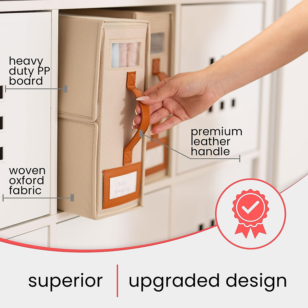 Wyliepop 4-Pack Bed Sheet Organizers, Premium Bedsheet Organizers and Storage with Leather Handles & Borders, Woven Oxford Fabric, Heavy Duty Zipper - 14.9"x12.6"x4.7" Linen Bedsheet Organizer Boxes