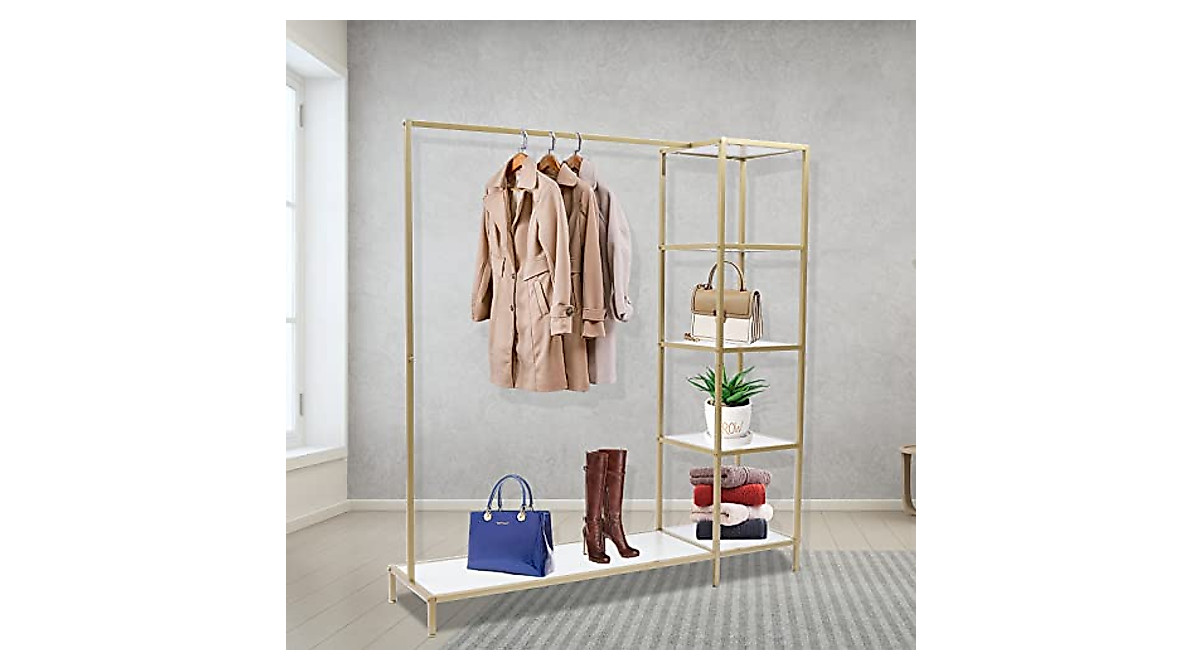 Heavy Duty Gold Clothing Rack with Wood Shelves